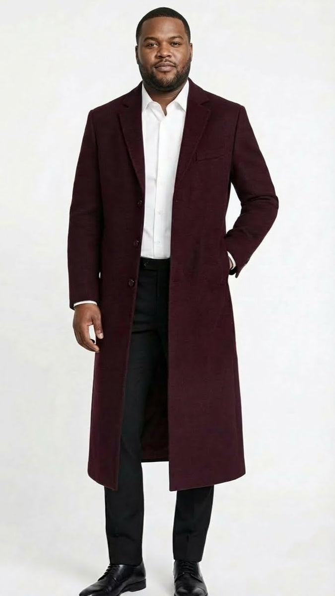 Men’s Burgundy Long Coat – Classic Fit Wool Blend Overcoat - Topcoat F ...