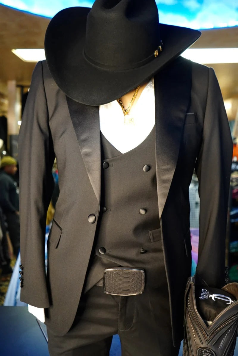 Mens Black Western Tuxedo Suit – Satin Shawl Lapel Blazer with Double ...