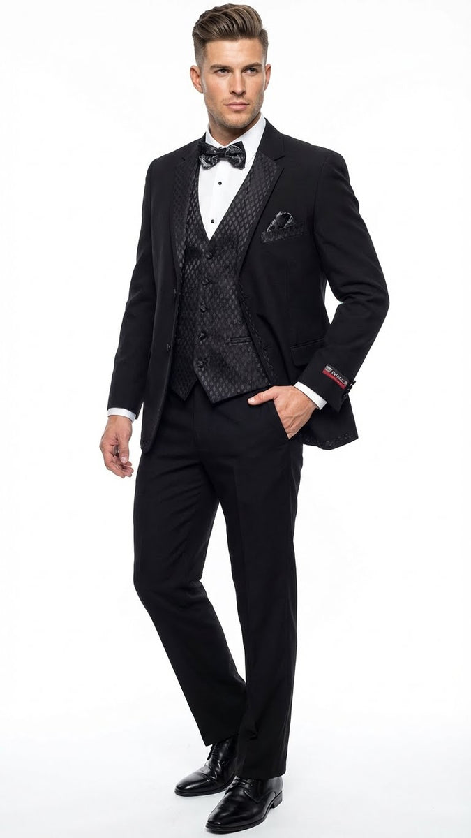 Men's Black Vested Tuxedo Suit with Patterned Lapel – Classic Formal S ...