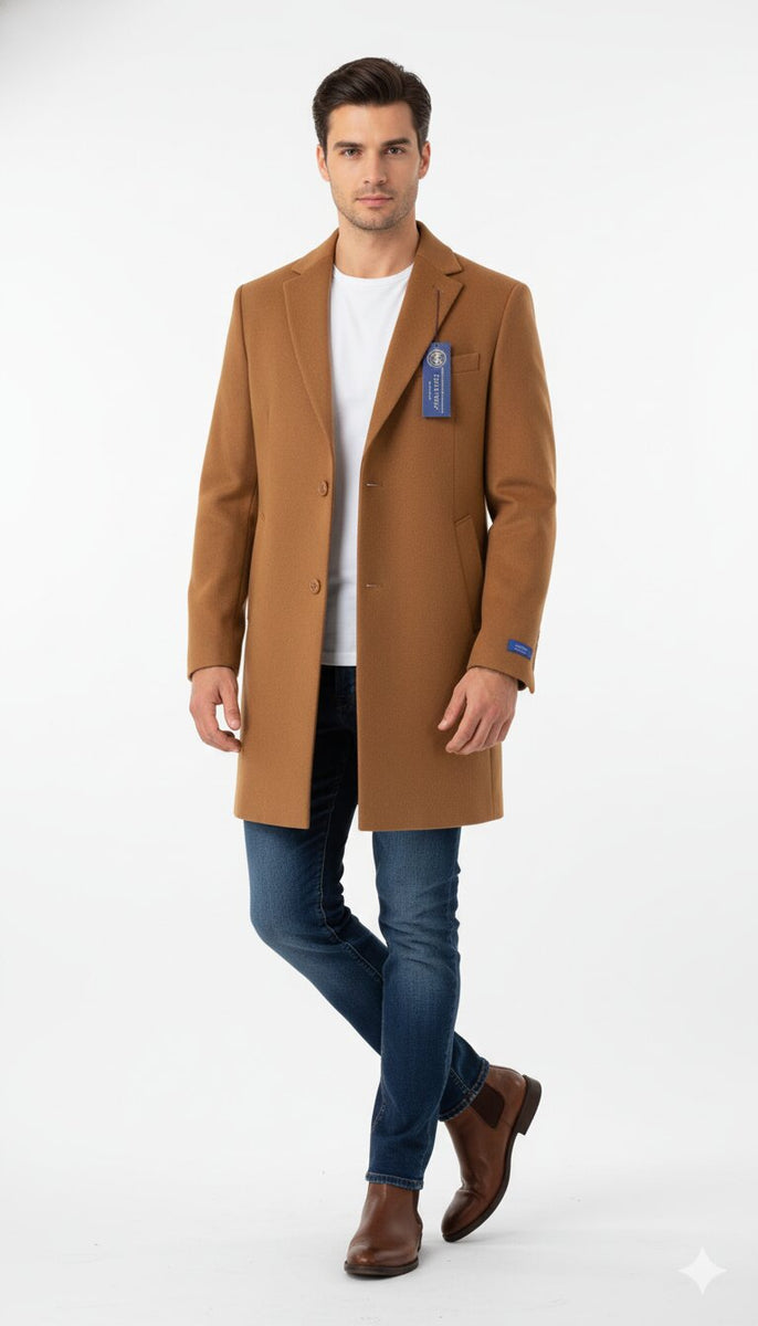 Men’s Camel Brown Wool Top Coat – Classic Long Overcoat for Formal and ...