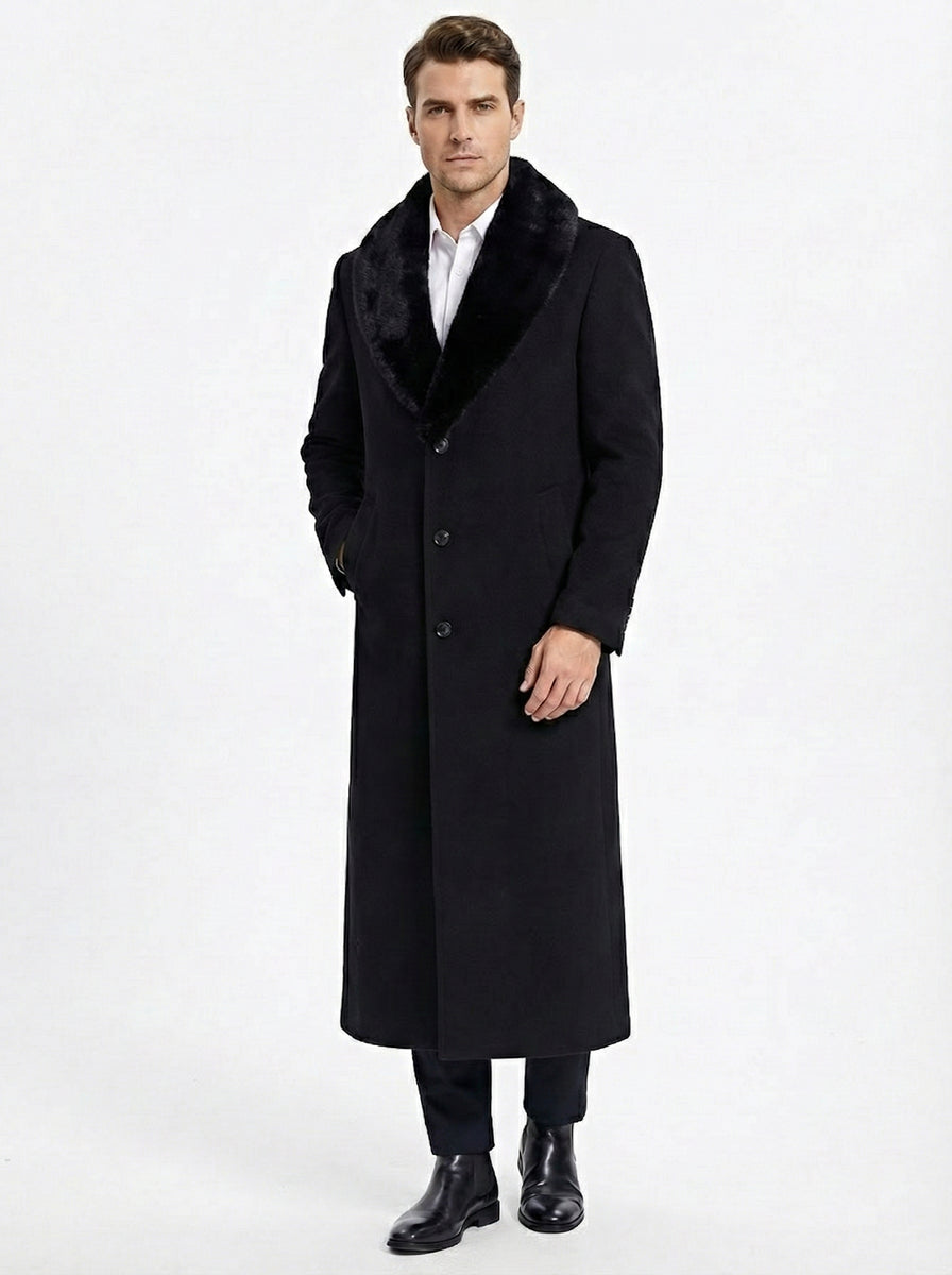 Men’s Black Long Overcoat with Faux Fur Collar, Full Length Winter Top ...
