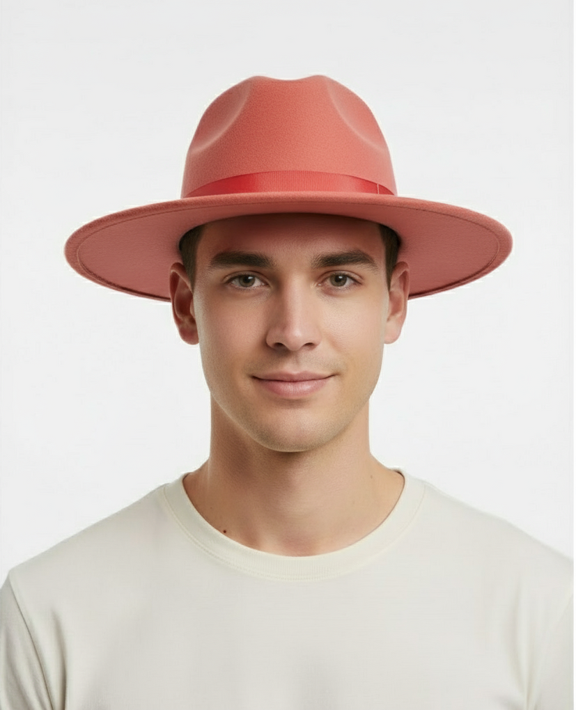 Men’s Coral Pink Wide Brim Fedora Hat – Wool Felt Dress Hat with Red R ...