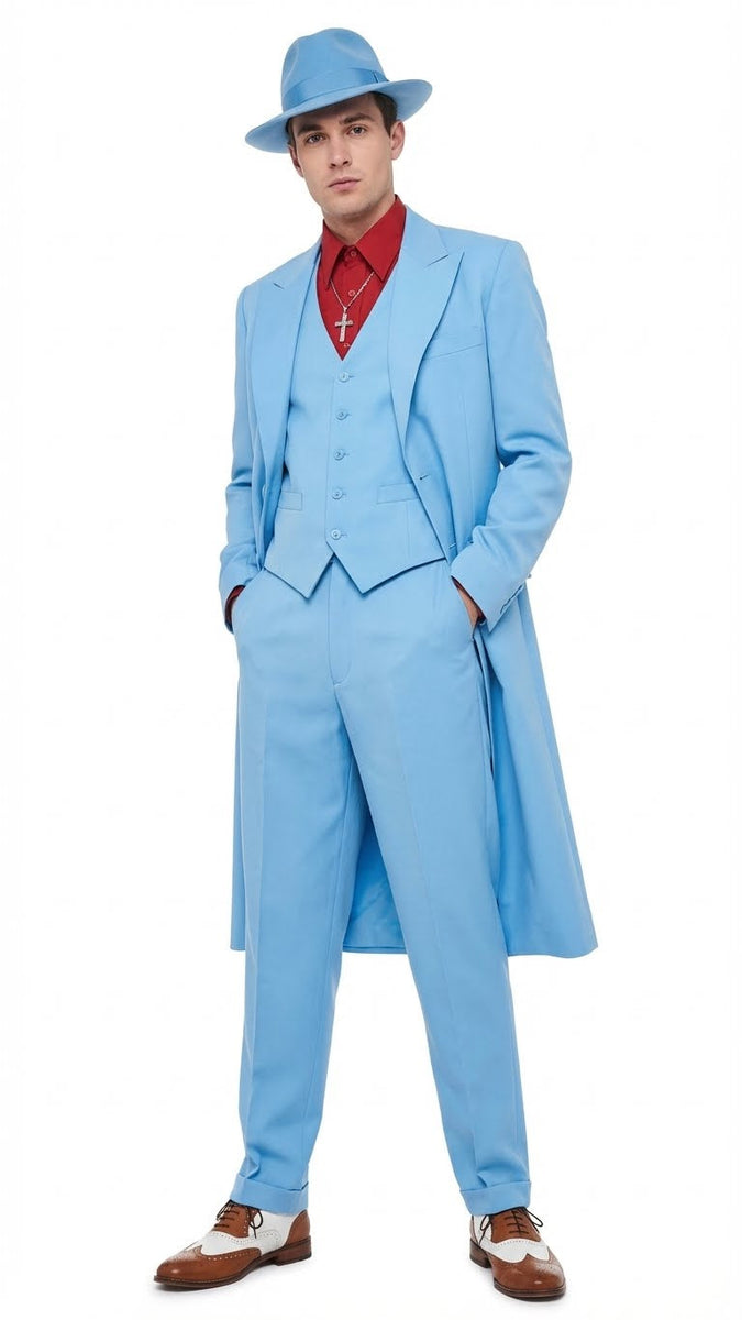 Men’s Light Blue 1920s Zoot Suit – Long Mafia Gangster Three-Piece Vin ...