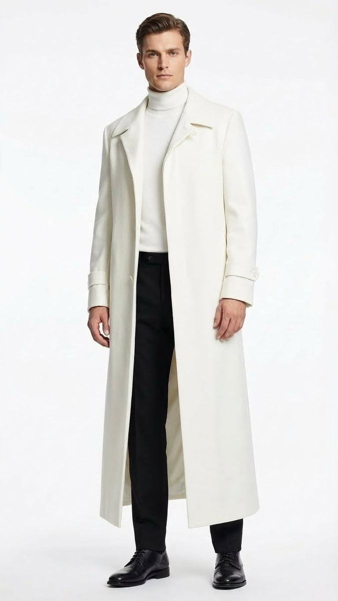 Mens Off-White Long Trench Coat – Overcoat with Classic Clean Design D ...