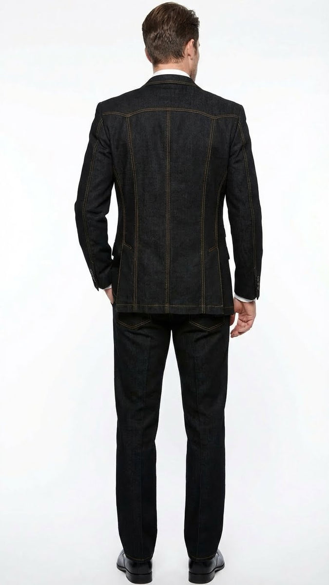Men's Black Denim Fabric Suit – Classic Three Piece Denim Suit for Wed ...