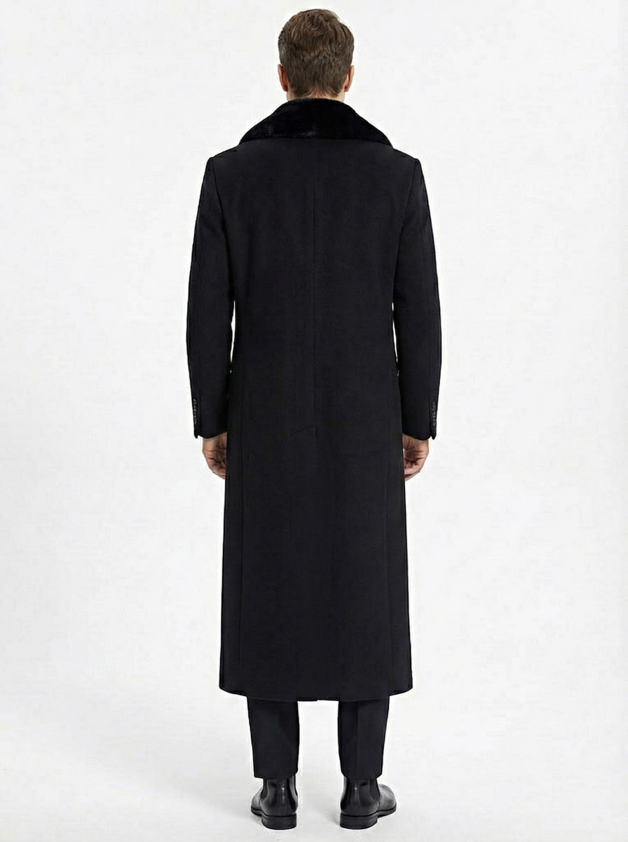 Men’s Black Long Overcoat with Faux Fur Collar, Full Length Winter Top ...