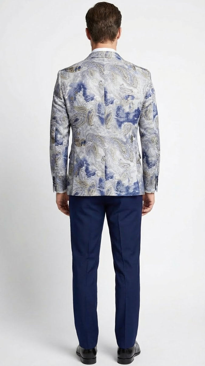 Men’s Navy Blue and Gray Paisley Print Blazer – Prom Jacket for Formal ...