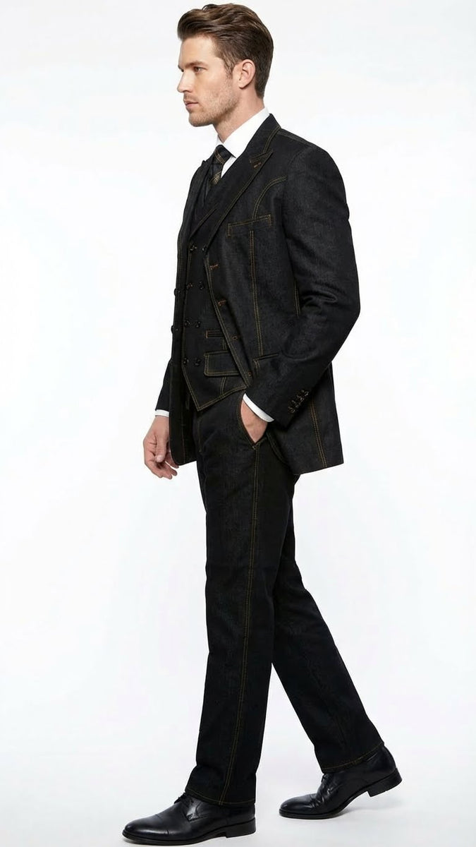 Men's Black Denim Fabric Suit – Classic Three Piece Denim Suit for Wed ...