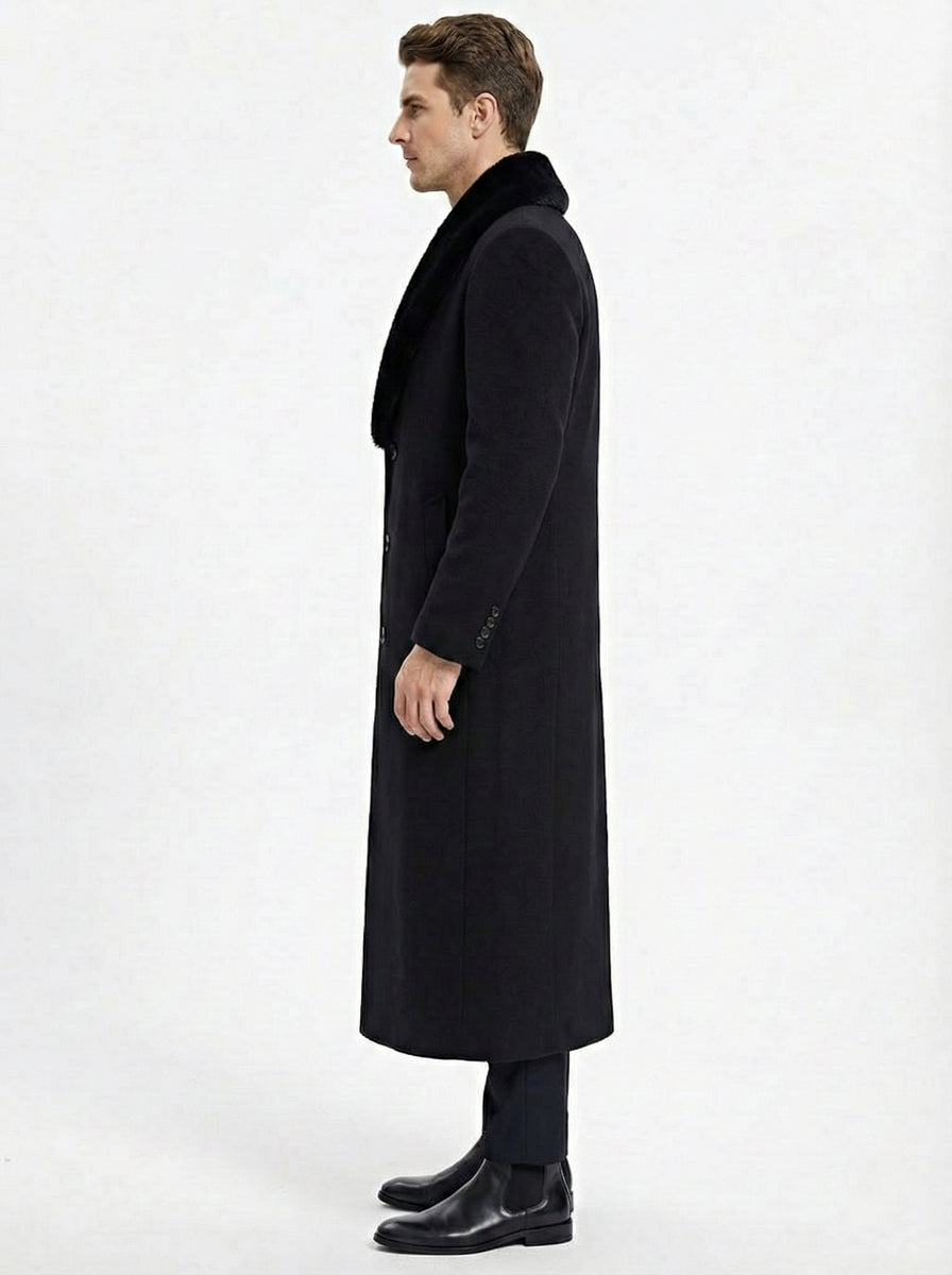 Men’s Black Long Overcoat with Faux Fur Collar, Full Length Winter Top ...