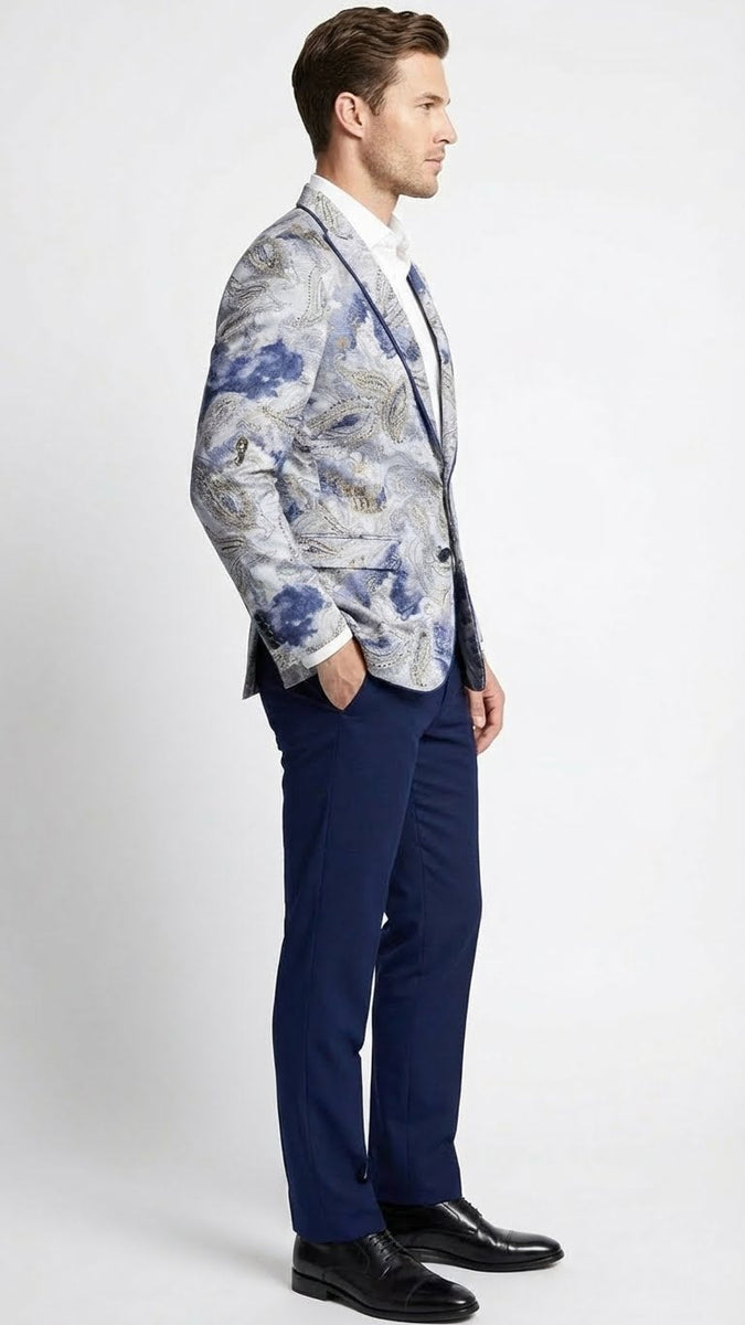 Men’s Navy Blue and Gray Paisley Print Blazer – Prom Jacket for Formal ...