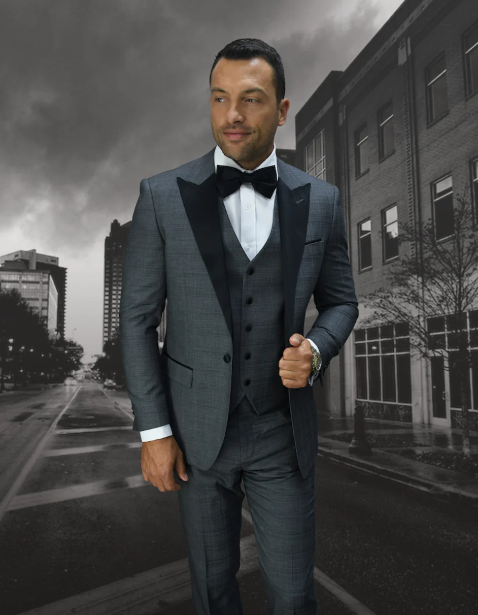 Gray Prom Suit - Mens 1 Button Peak Lapel Vested Grey Wool Tuxedo — USA ...