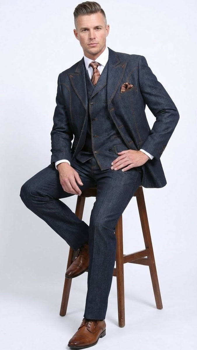 Men’s Dark Denim Blue Fabric Suit – Classic Three Piece Denim Suit for ...