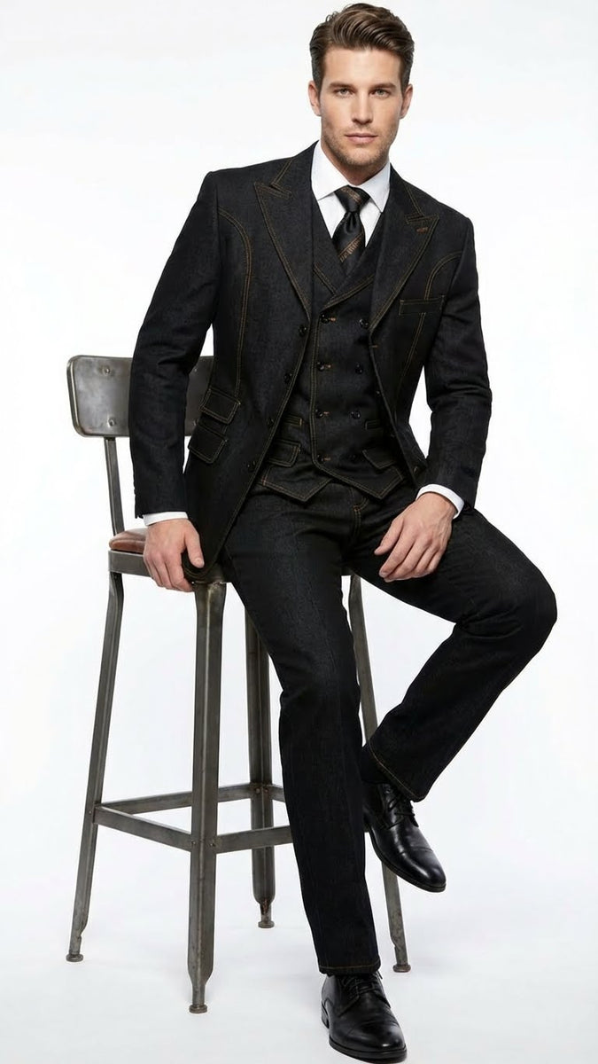 Men's Black Denim Fabric Suit – Classic Three Piece Denim Suit for Wed ...
