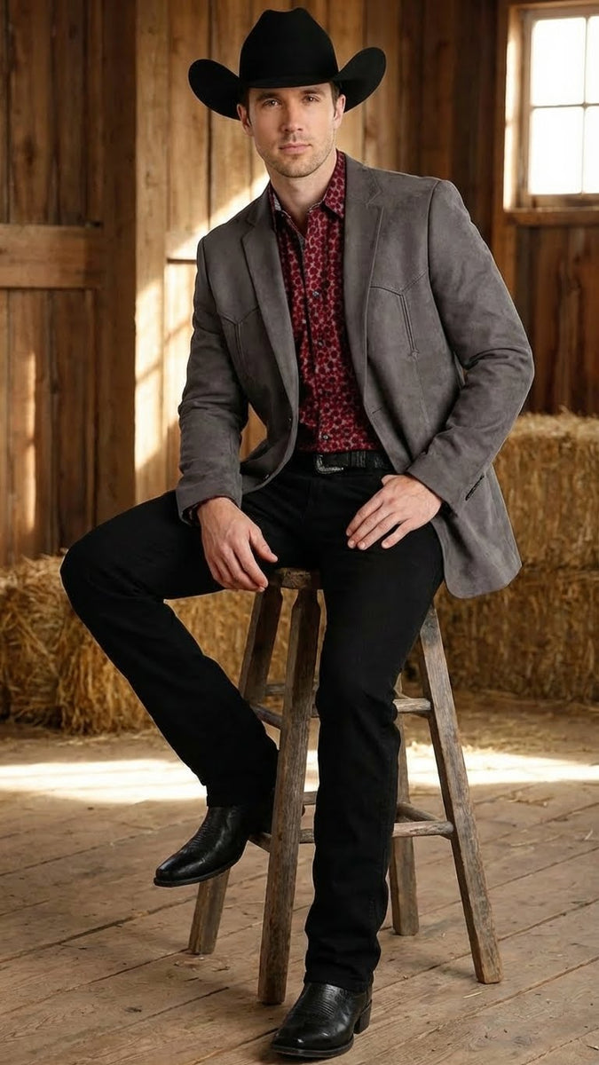Men’s Charcoal Gray Western Faux Suede Blazer – Double Button Cowboy J ...