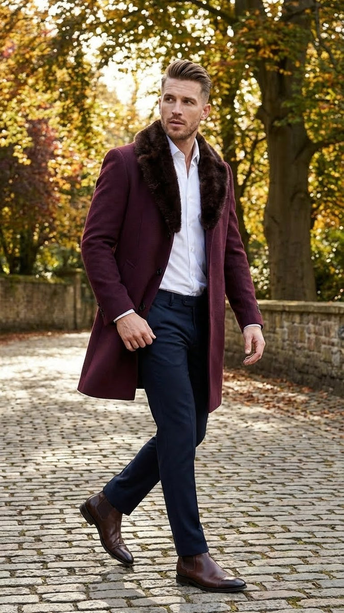 Men’s Burgundy Three Quarter Coat with Faux Fur Collar Overcoat – Luxu ...