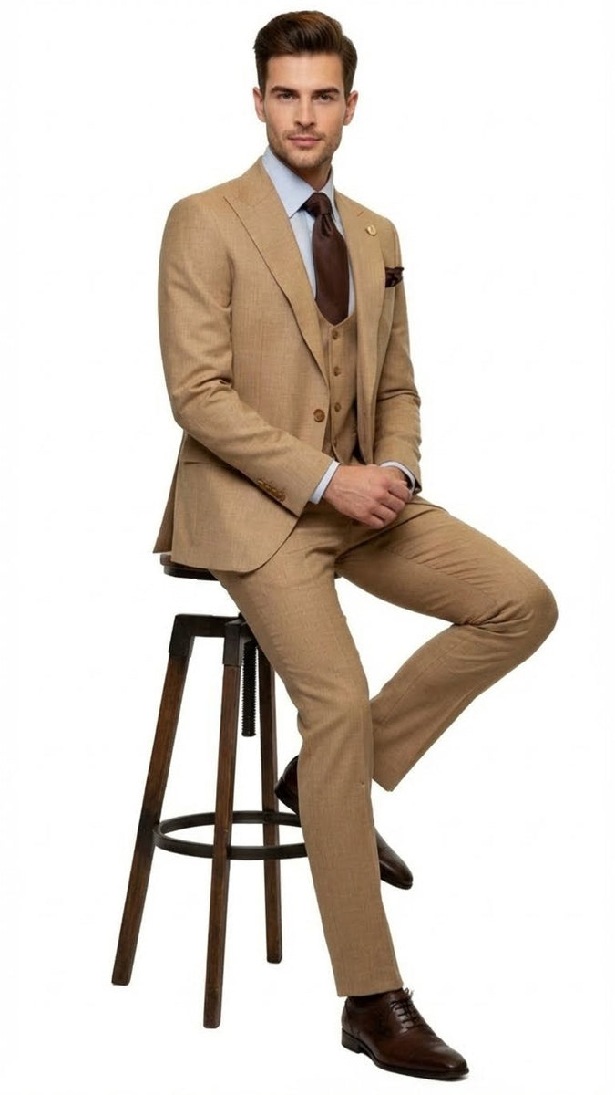 Men's Tan Three-Piece Suit with Vest – Classic Tailored Fit in camel k ...