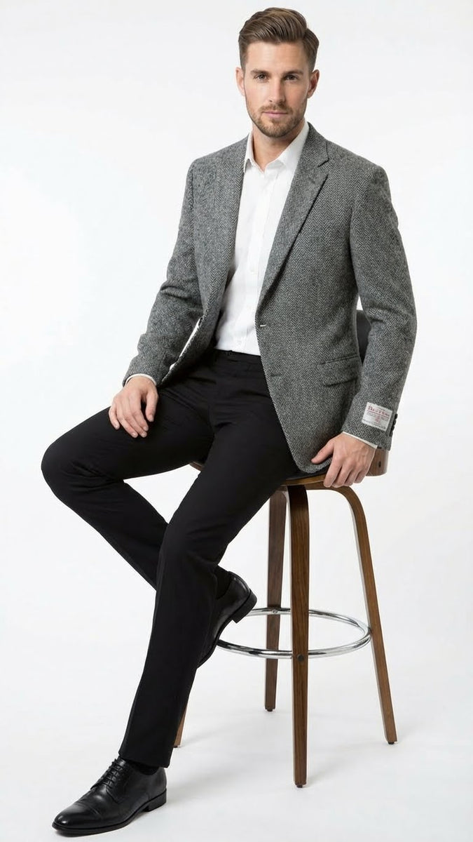 Men’s Grey Harris Tweed Blazer Jacket, Classic Herringbone Wool Sport ...