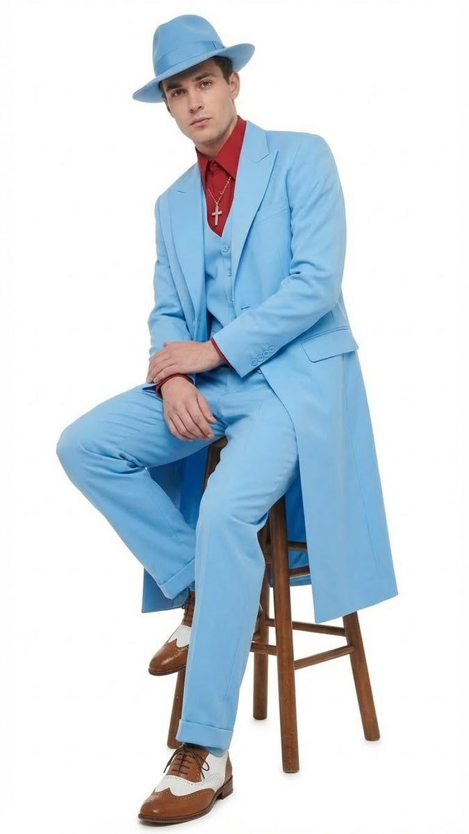 Men’s Light Blue 1920s Zoot Suit – Long Mafia Gangster Three-Piece Vin ...