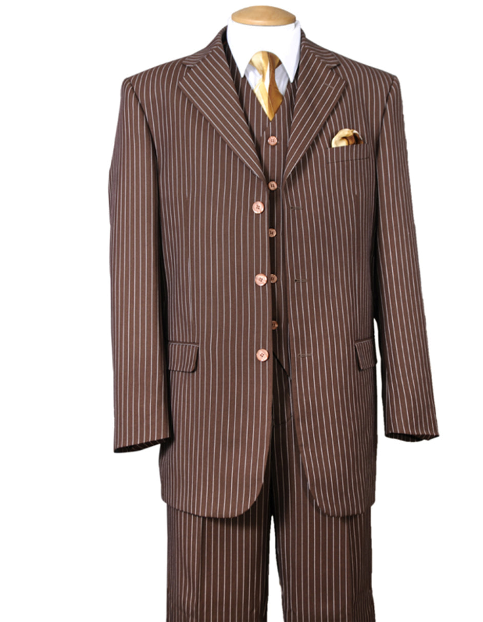 Mens 3 Button Notch Lapel Bold Pinstripe Gangster Suit in Brown — USA ...