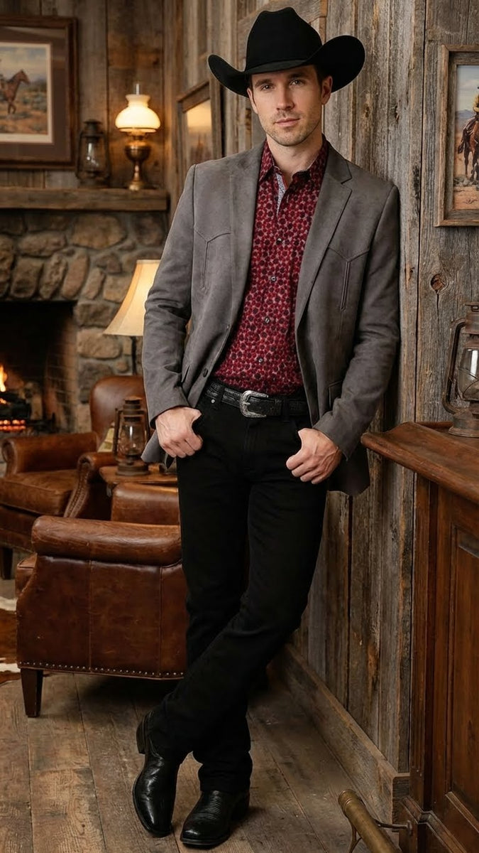 Men’s Charcoal Gray Western Faux Suede Blazer – Double Button Cowboy J ...