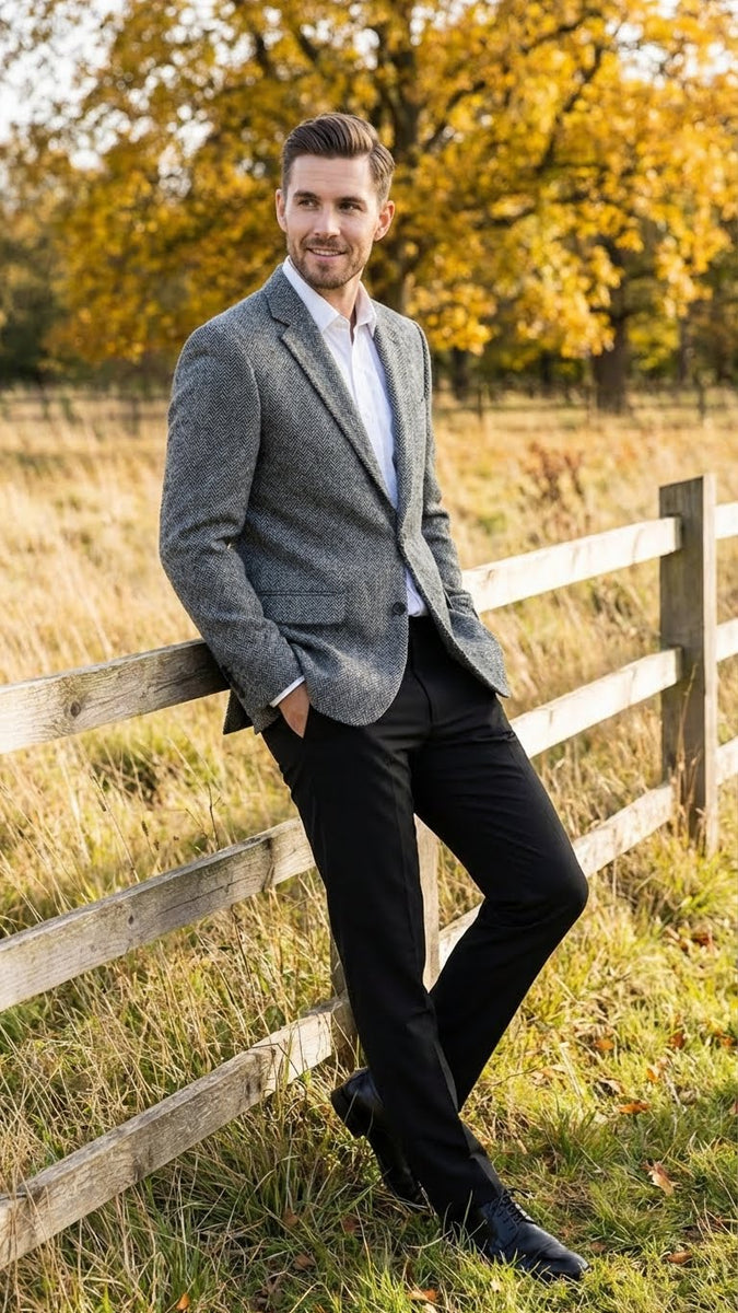 Men’s Grey Harris Tweed Blazer Jacket, Classic Herringbone Wool Sport ...