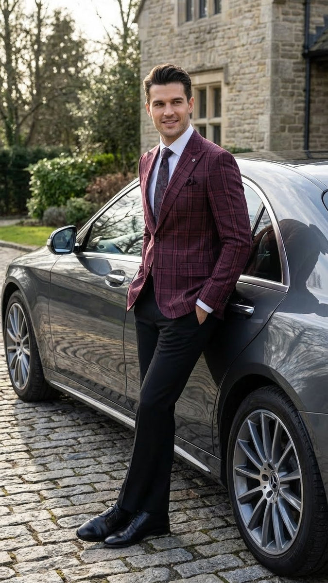 Men’s Burgundy Check Blazer – Windowpane Plaid blazer in Maroon Wine C ...