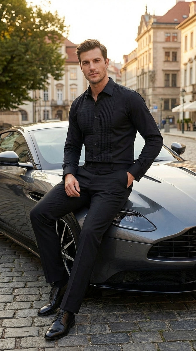 Men’s Black Pleated Tuxedo Dress Shirt | Formal Laydown Collar Button ...