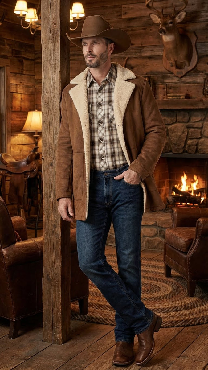 Men’s Brown Western Faux Suede Blazer Coat – Cowboy Style Long Jacket ...