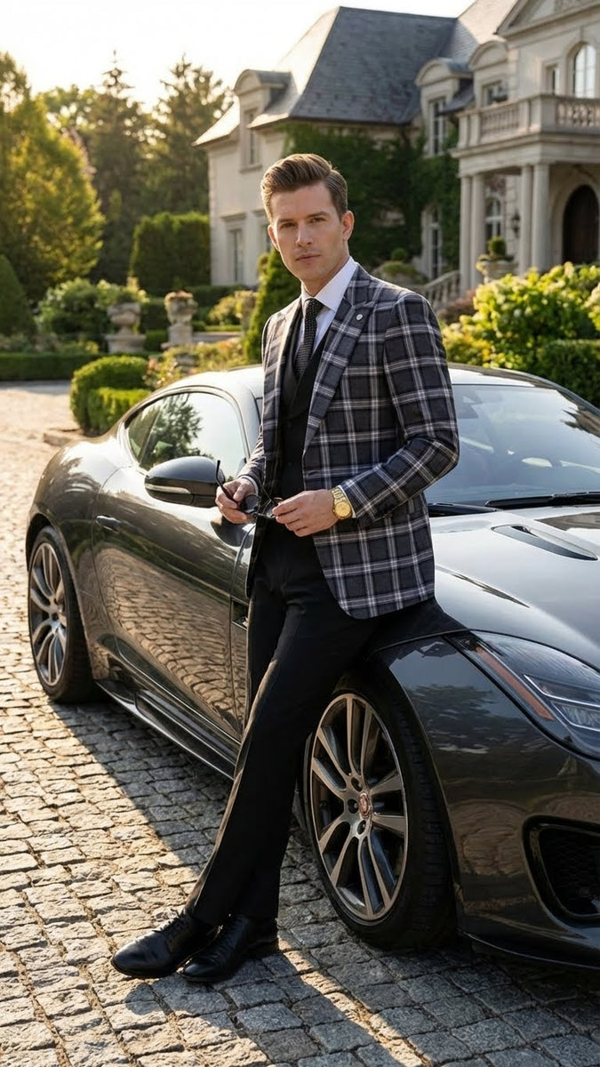 Men’s Big and Tall Charcoal Gray and Black Plaid Blazer – Grey Checker ...