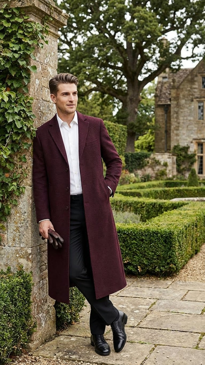 Men’s Burgundy Long Coat – Classic Fit Wool Blend Overcoat - Topcoat F ...