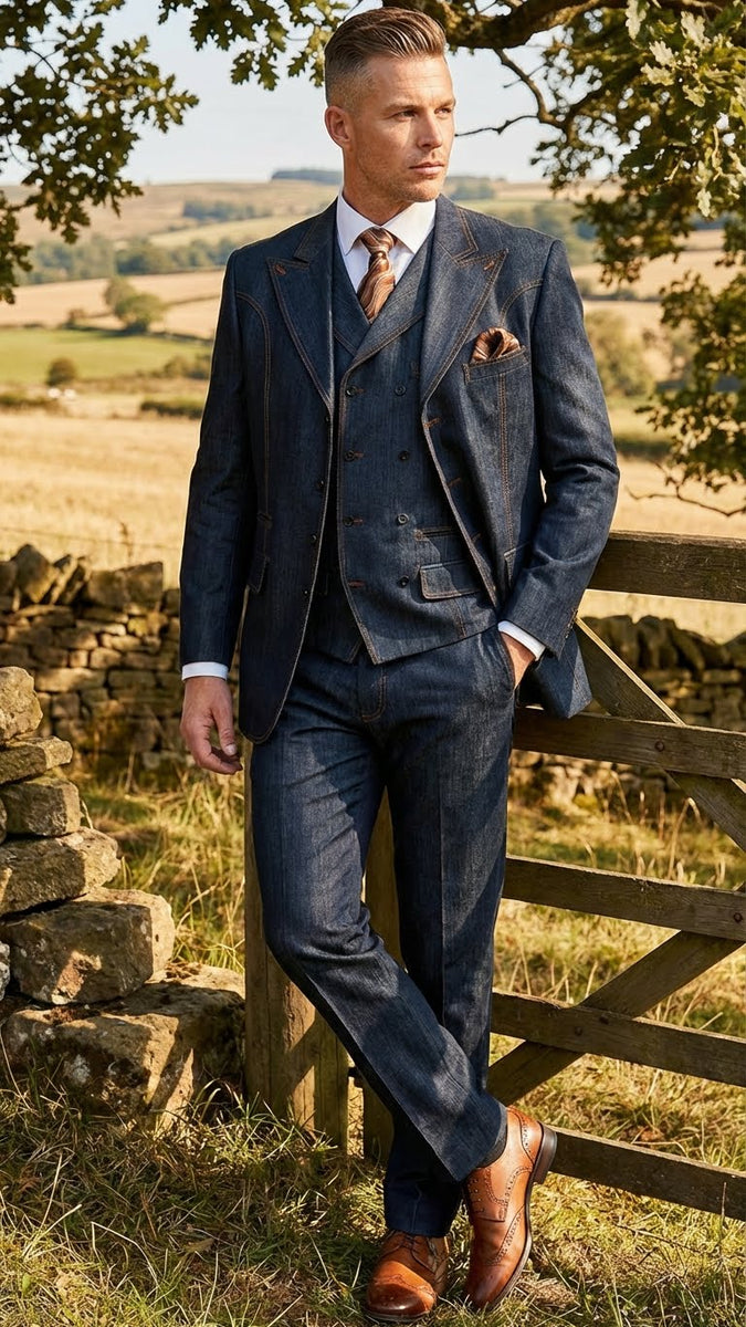 Men’s Dark Denim Blue Fabric Suit – Classic Three Piece Denim Suit for ...