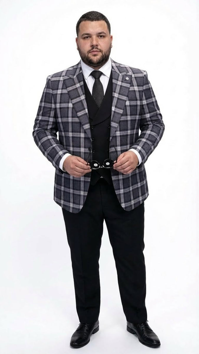 Men’s Big and Tall Charcoal Gray and Black Plaid Blazer – Grey Checker ...