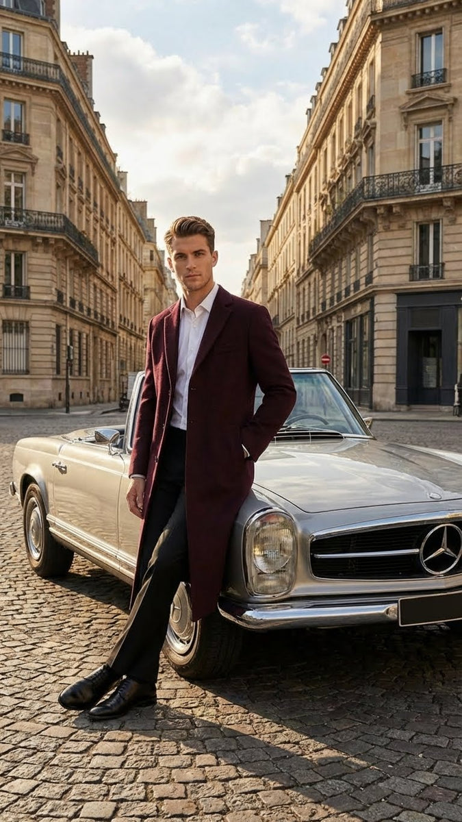 Men’s Burgundy Long Coat – Classic Fit Wool Blend Overcoat - Topcoat F ...