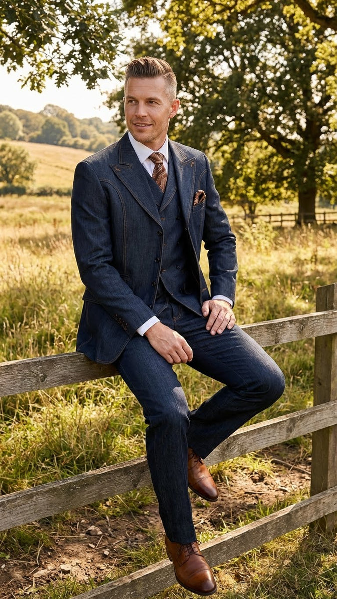 Men’s Dark Denim Blue Fabric Suit – Classic Three Piece Denim Suit for ...