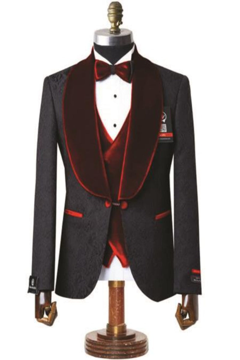 Mens Black With Red Velvet Lapel 3-Piece Tailored-Fit Tuxedo — USA Men ...