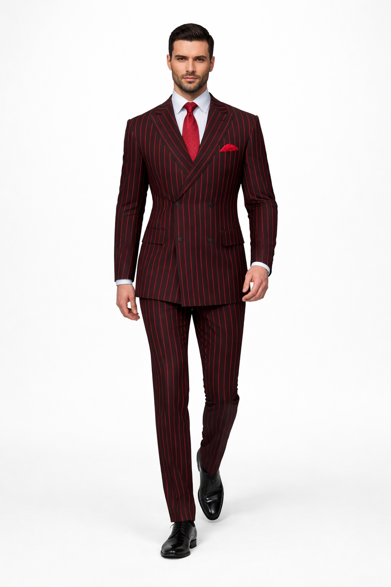 Black and Red Pinstripe Double breasted Suit - 100% Wool Modern Fit Si — USA Men's Outlet