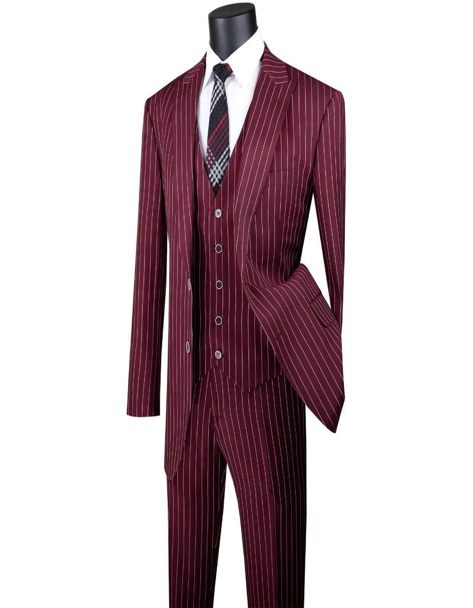 Mens Big and Tall Burgundy Gangster Stripe Three Piece Classic Fit Sui ...