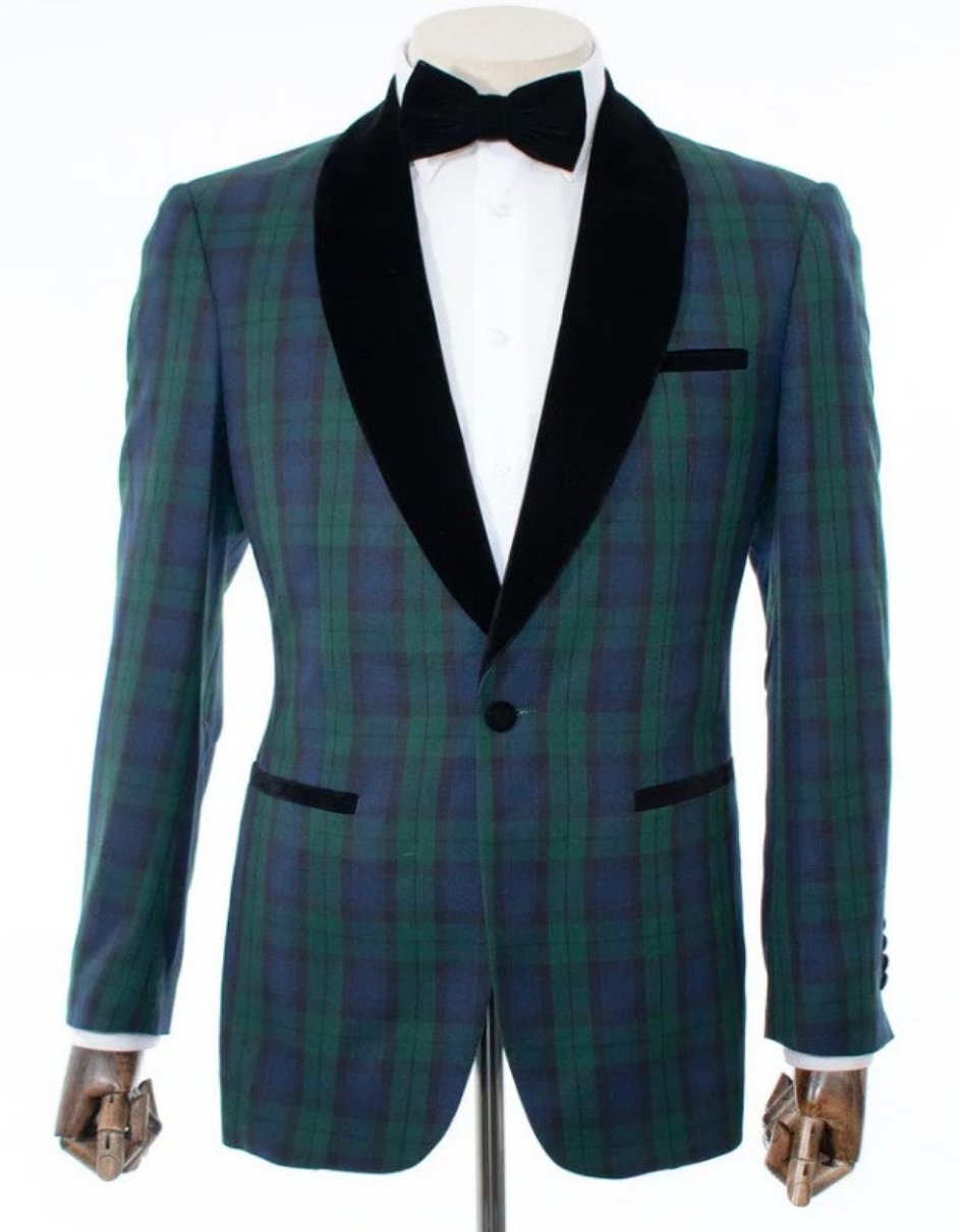 Green Tartan Tuxedo Dinner Jacket - Green and Blue Plaid Blazer - Chec ...