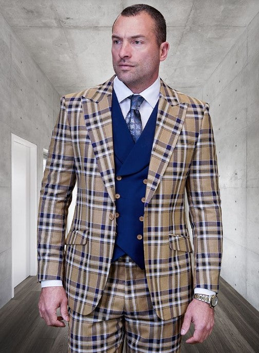 Statement Confidence Designer Suit - Camel Khaki Color Windowpane - Su ...