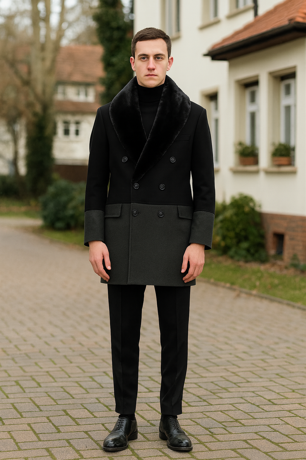 Men’s Double-Breasted Wool Overcoat with Faux Fur Shawl Collar – Class ...