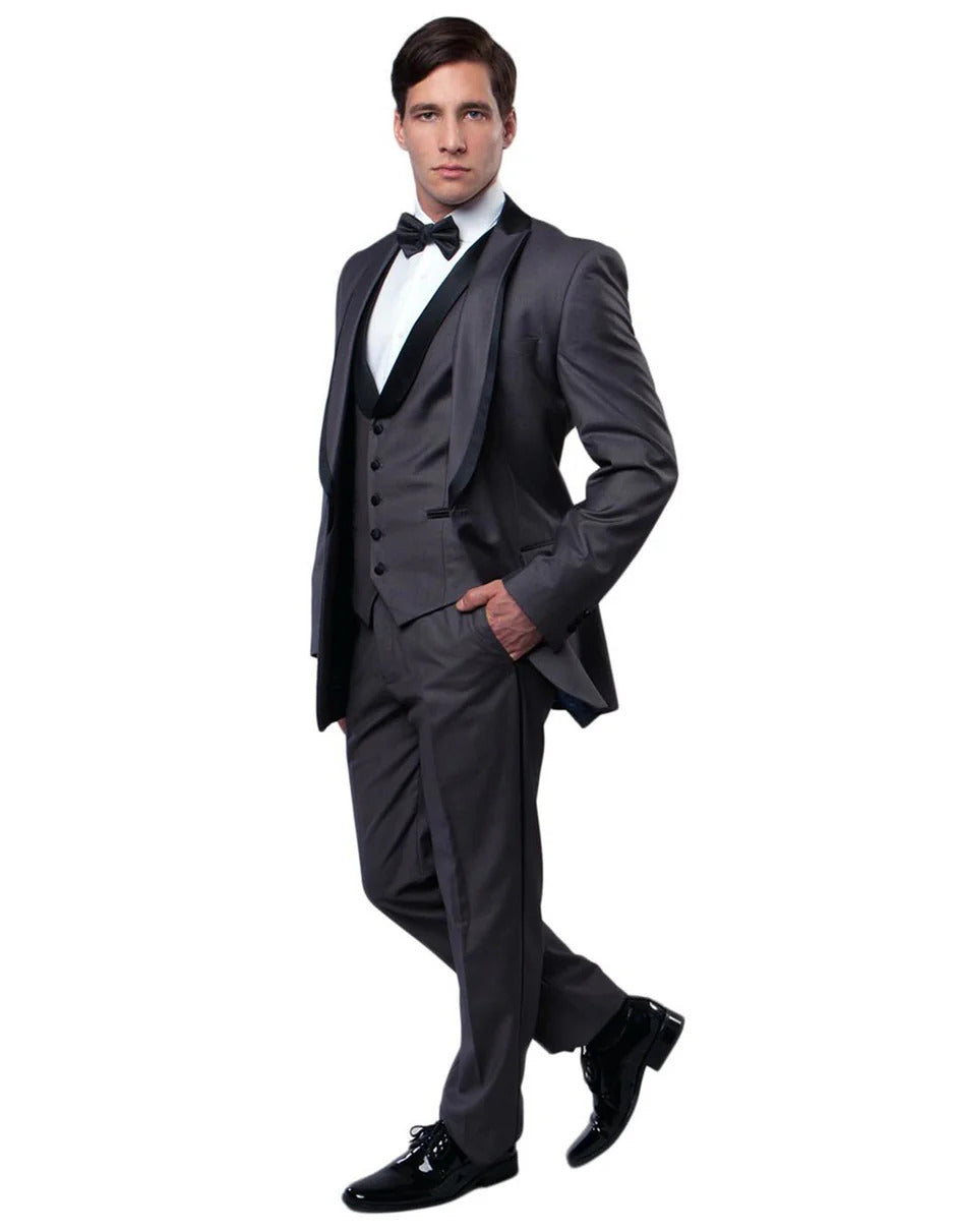 Gray Prom Suit - Mens Modern Wool Vested Peak Trim Prom Tuxedo in Char ...
