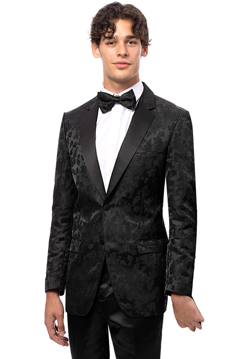Men's Two Button Shiny Floral Print Prom Tuxedo Jacket in Black — USA ...