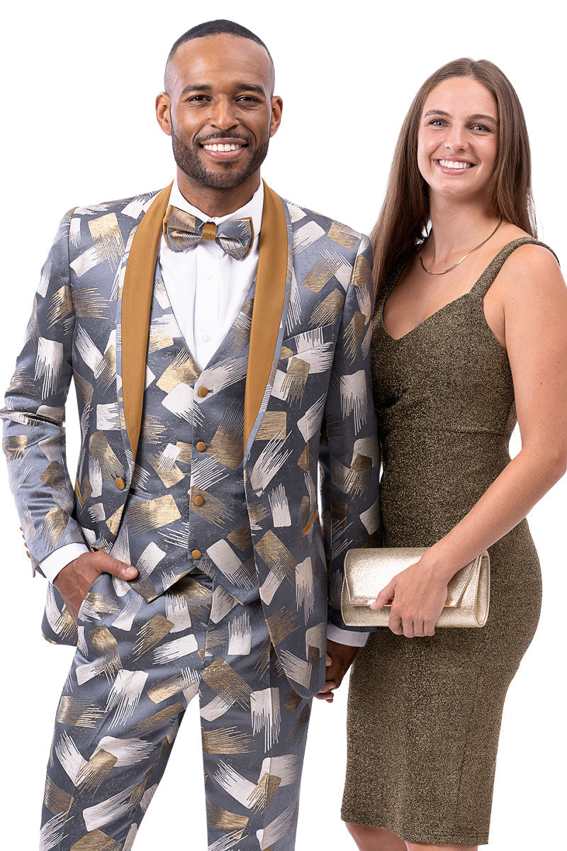 Men's Gray & Gold Satin Paint Stroke Print Tuxedo — USA Men's Outlet