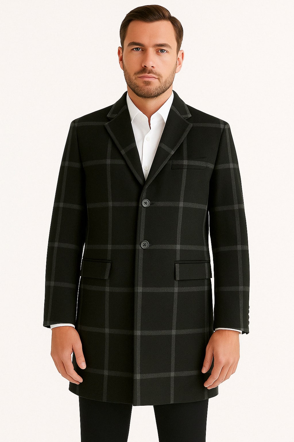 Mens Black Windowpane Wool Overcoat – Classic Long Checkered Coat Chec ...