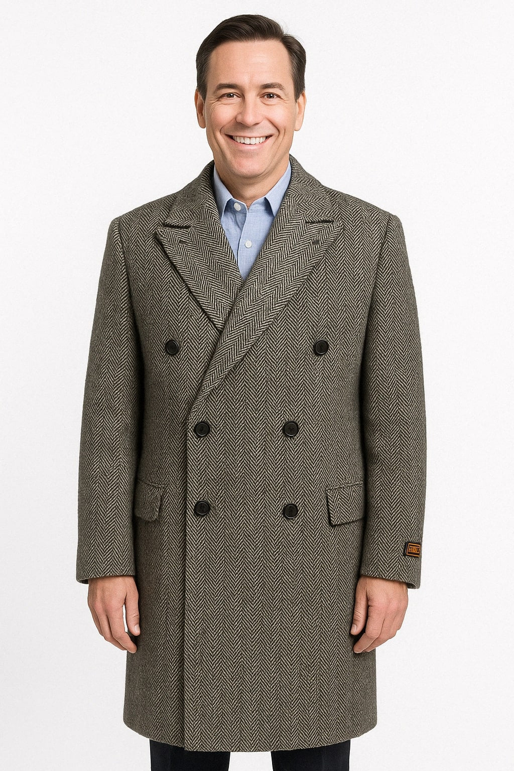 Mens Long Herringbone Wool Overcoat – Classic Double-Breasted Winter T ...