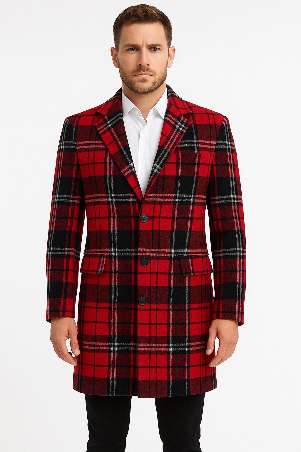 Mens Red and Black Plaid Wool Overcoat with Notch Lapel — USA Men's Outlet