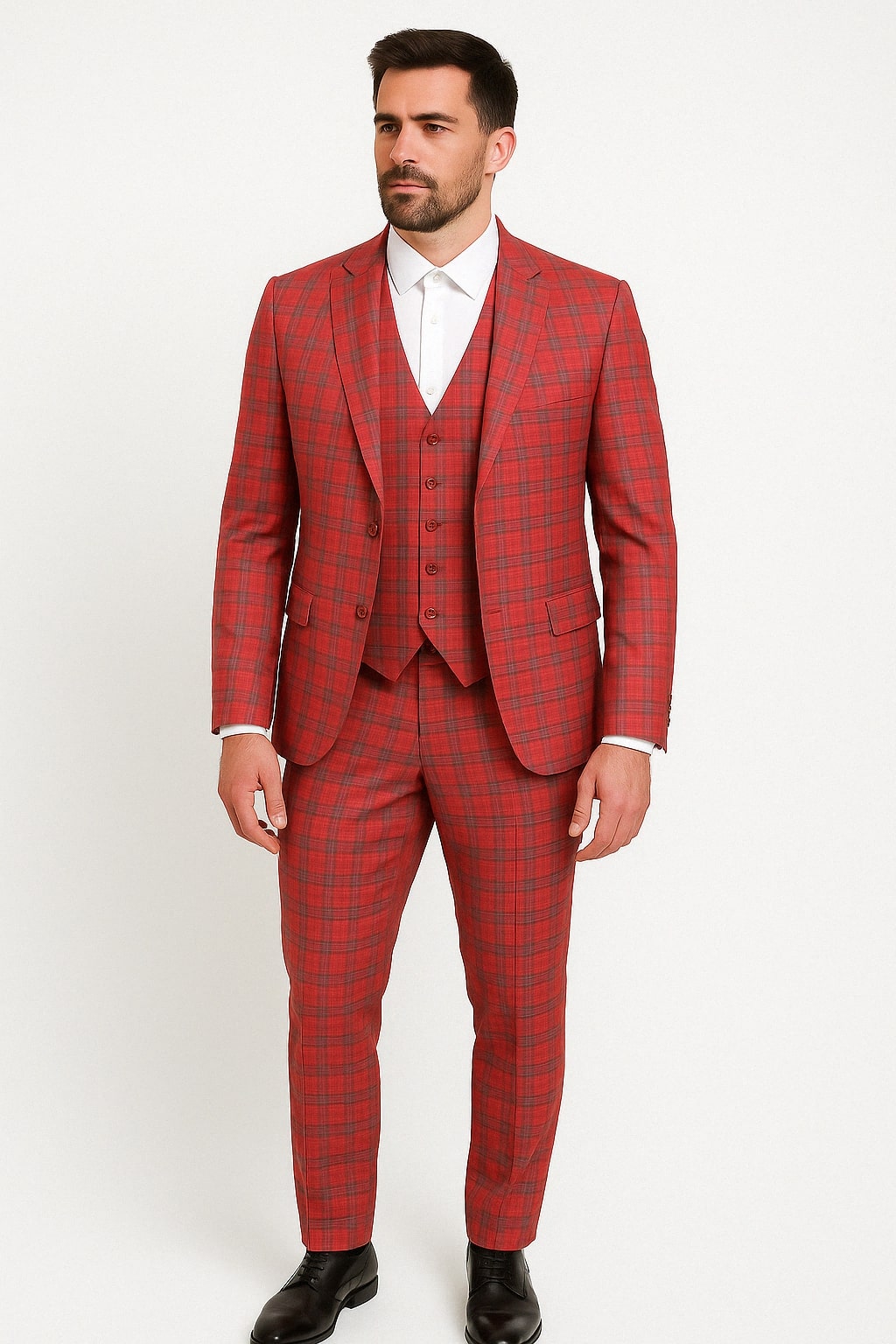Red Tartan Suit Chrismas Party Event - Plaid 3-Piece Slim Fit Suit wit ...