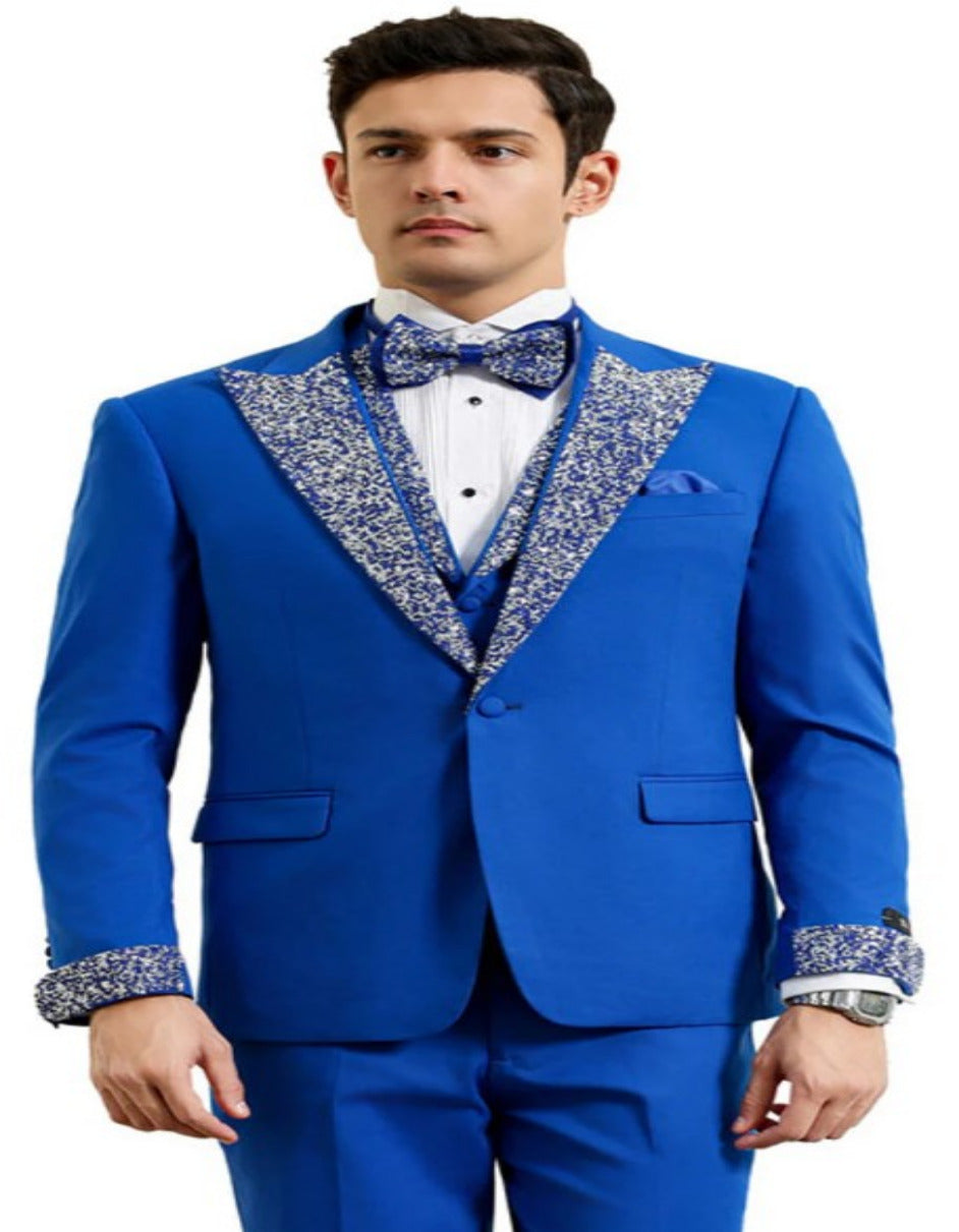 Royal Blue Prom Tuxedo - Perfect Wedding Suit Vested Rhinestone Lapell ...