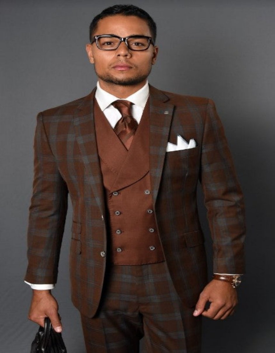 Brown Plaid Suit - Copper - Orange - Rust Color Windowpane Pattern Sui ...