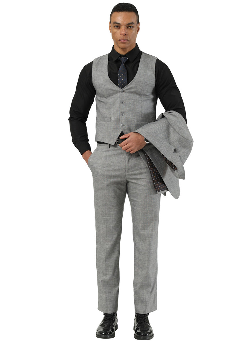 Men's Stacy Adams Two Button Vested Summer Suit in Light Grey Glen Pla ...